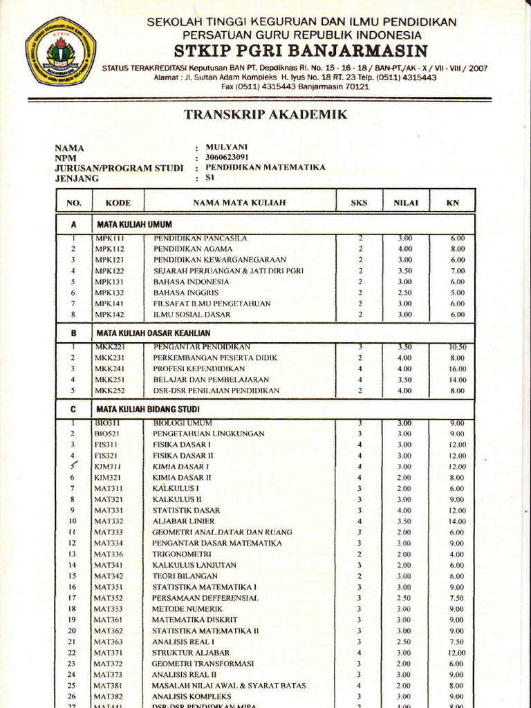 Transkrip Nilai | PDF
