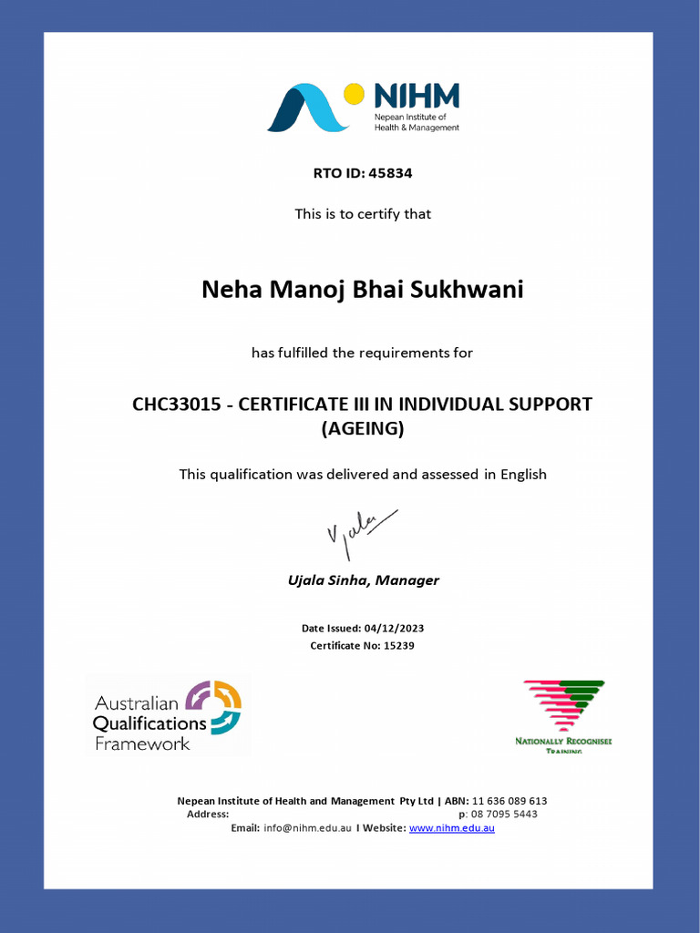 Neha Manoj Bhai Sukhwani - Certificate III - ISA | PDF