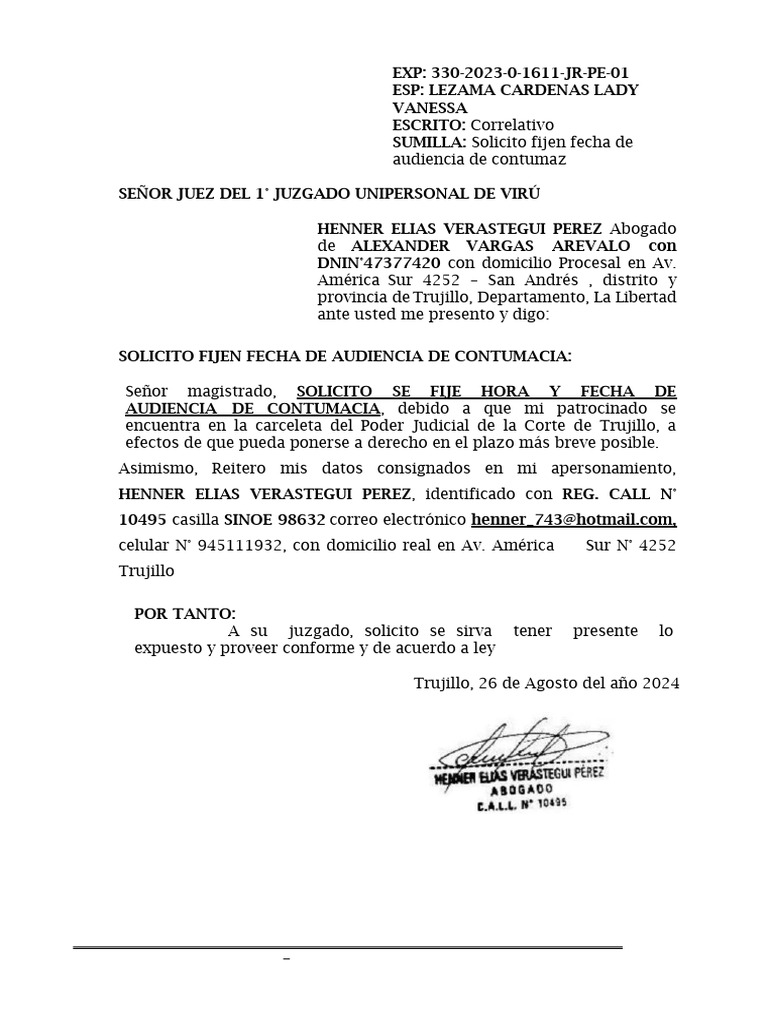 Solicito Fecha y Hora de Contumacia - 1 | PDF