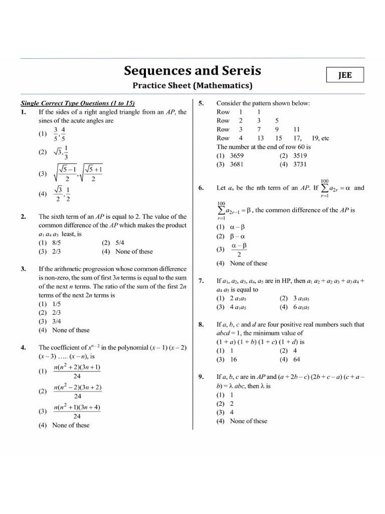 Sequence and Series - Extra Practice Sheet | PDF