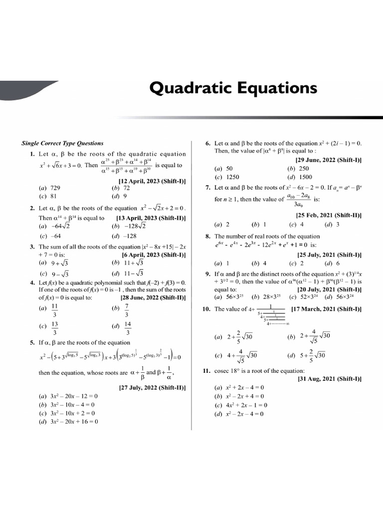 Quadratic Equations - PYQ Practice Sheet | PDF