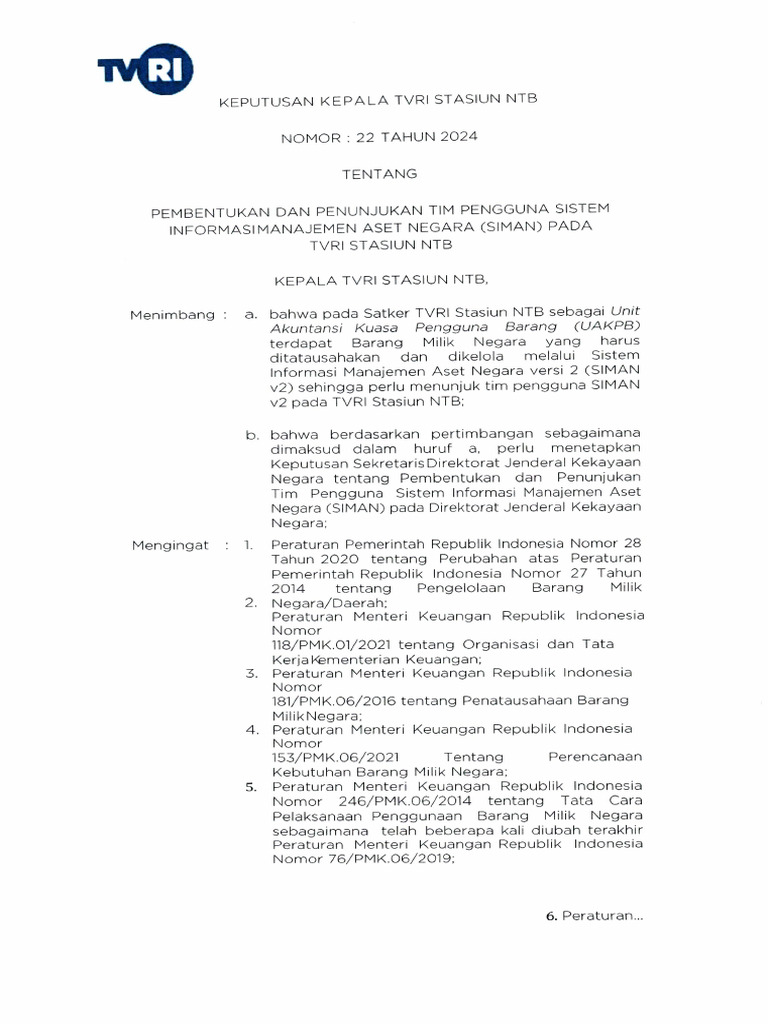 SK 022 TH 2024 PENUNJUKAN TIM PENGUNAAN SISTEM INFORMASI MANAJEMEN (SIMAN) PD TVRI NTB | PDF