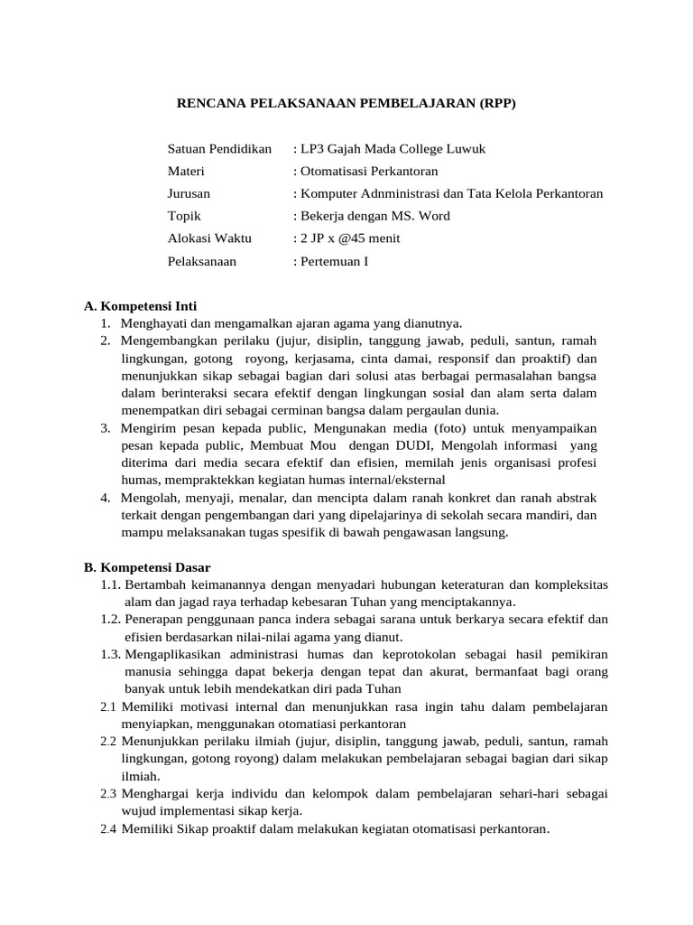 RPP Bekerja Dengan Ms Word | PDF