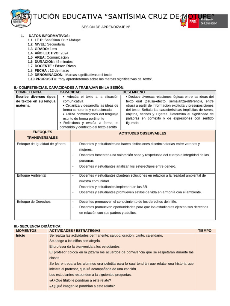 Sesión de Aprendizaje Comunicacion 12 - 03-24 | PDF