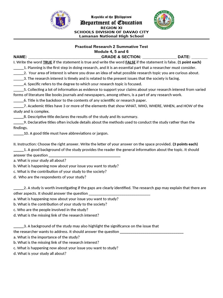 Practical Research 2 Summative Test (Module 3B, 4, 5, 6) | PDF ...