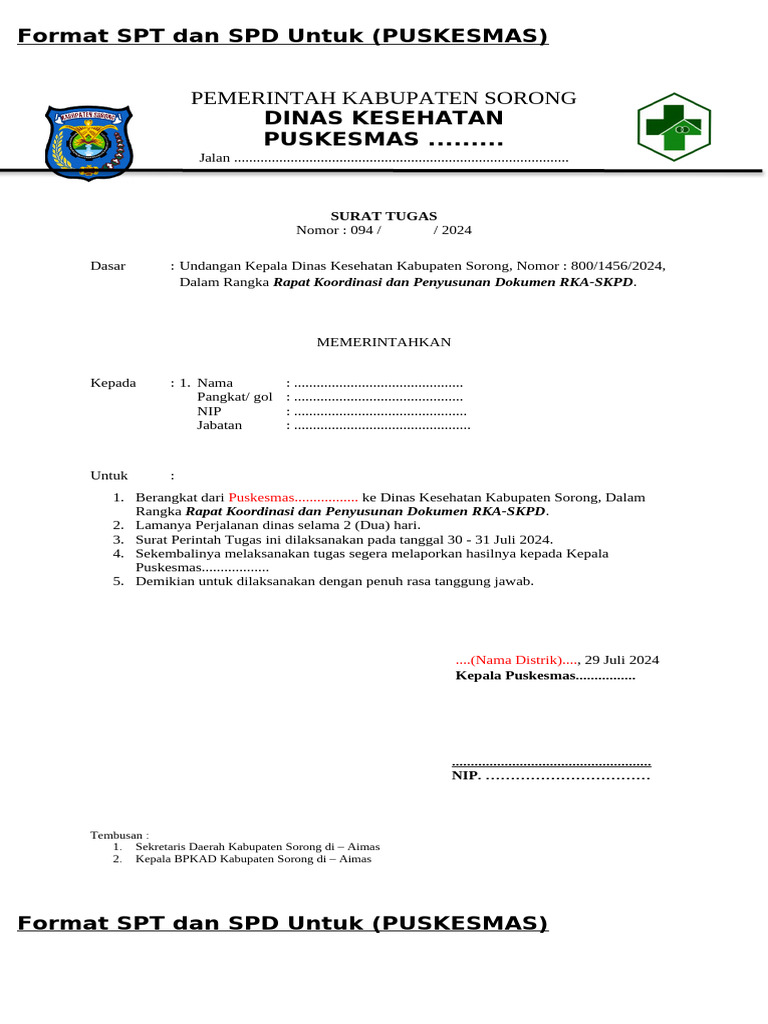 Format SPT dan SPD Puskesmas Sorong | PDF