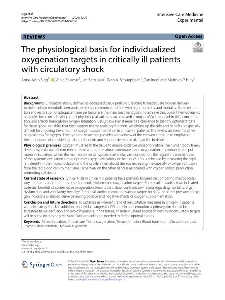 The Physiological Basis For Individualized Oxygenation Targets in ...
