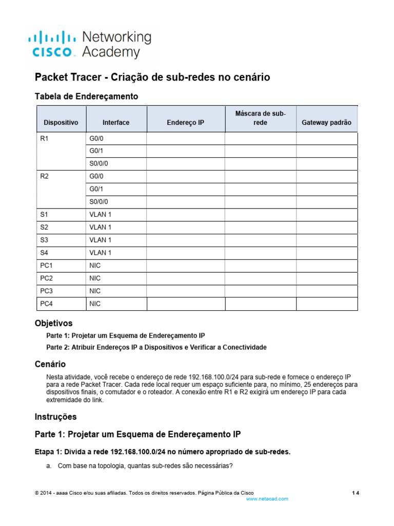 11 7 5 Packet Tracer Subnetting Scenario Pt Br Pdf