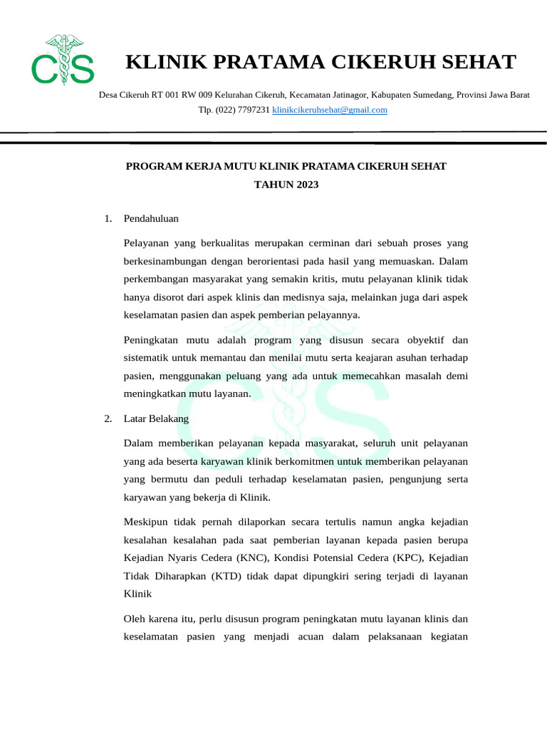Program Kerja Mutu Klinik Pratama Cikeruh Sehat | PDF