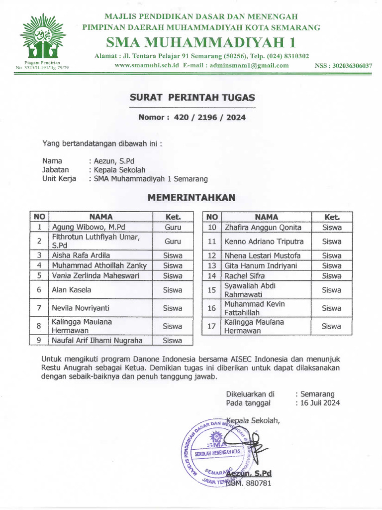 Surat Tugas SMA Muhammadiyah 1 Semarang156 | PDF