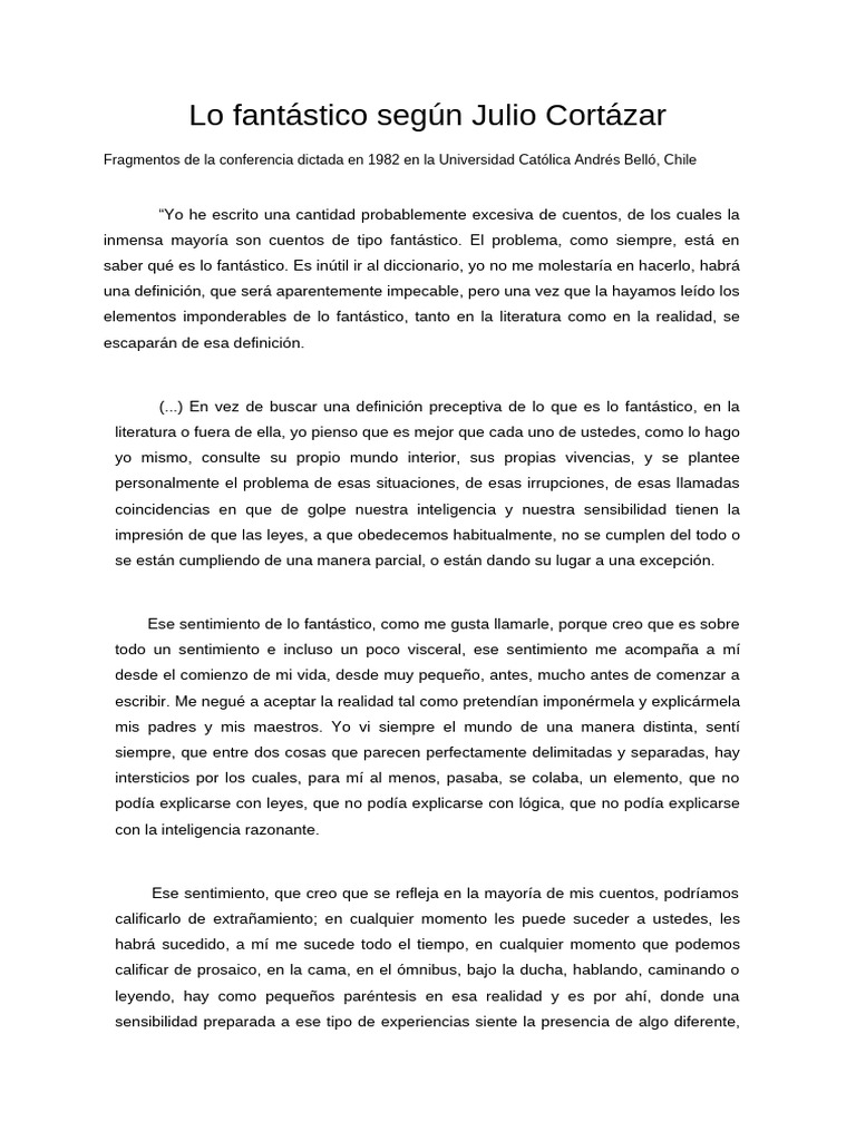 Lo Fantástico Según Julio Cortázar | PDF
