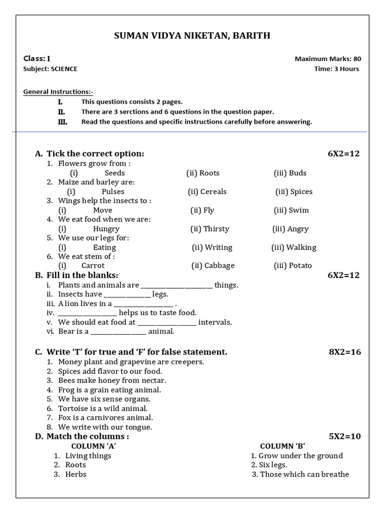 Class I Science Exam 2024 | PDF | Foods | Wellness