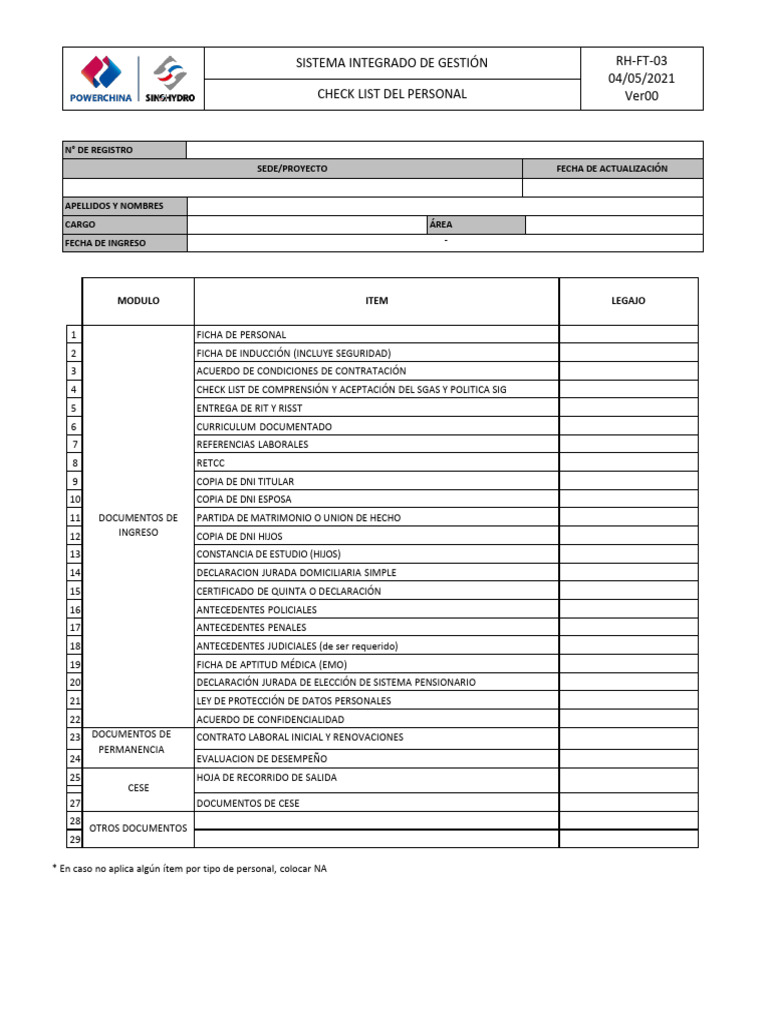 Fichas de Ingreso - Sinohydro 2024 | PDF
