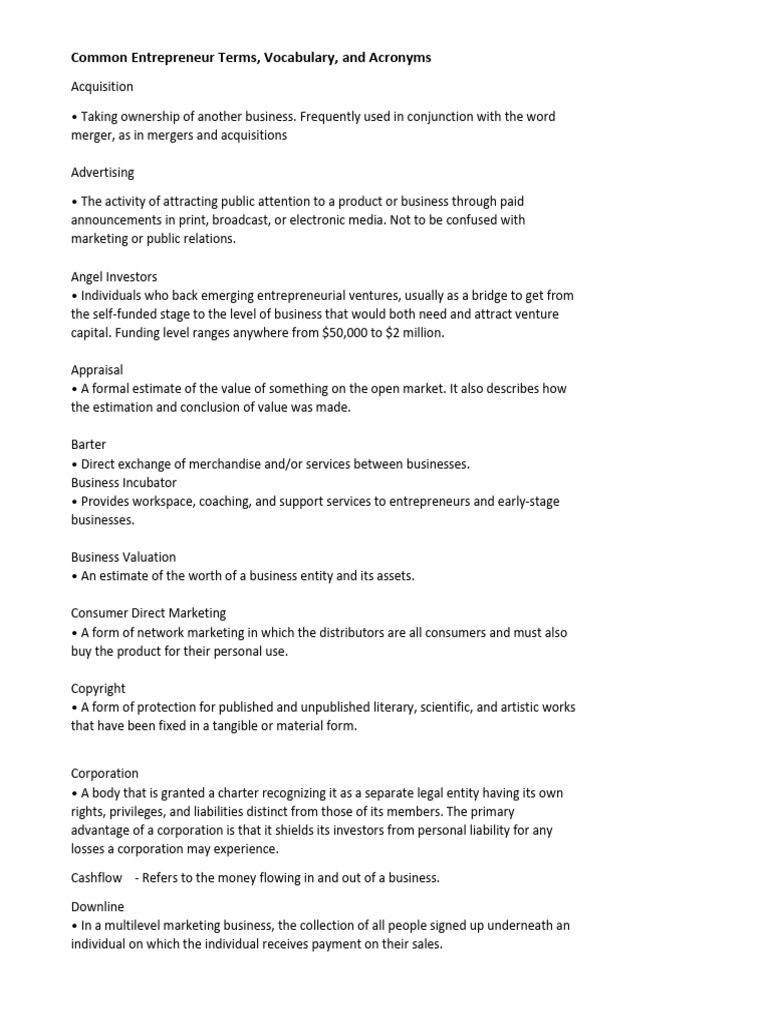 Common Entrepreneur Terms - Updated | PDF | Partnership | Business