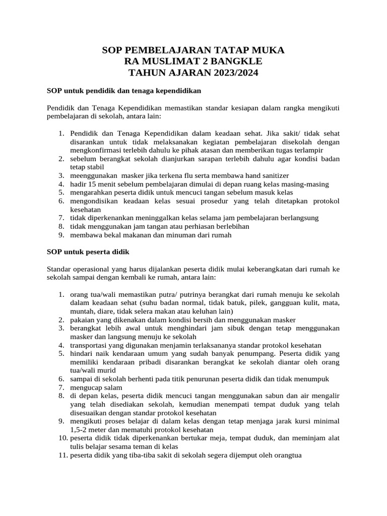 Sop Pembelajaran Tatap Muka | PDF