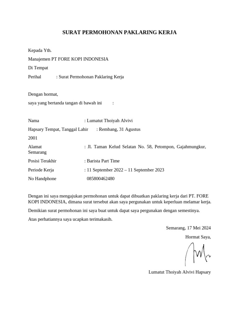 Surat Permohonan Paklaring Kerja | PDF