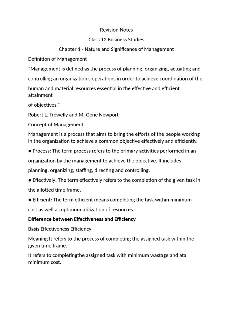 Revision Notes Chapter 1 Nature and Significant of Managment | PDF