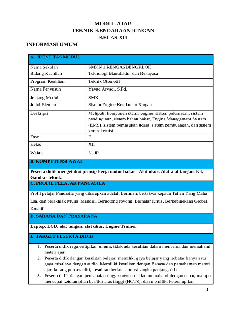 Modul Ajar Sistem Engine KR | PDF