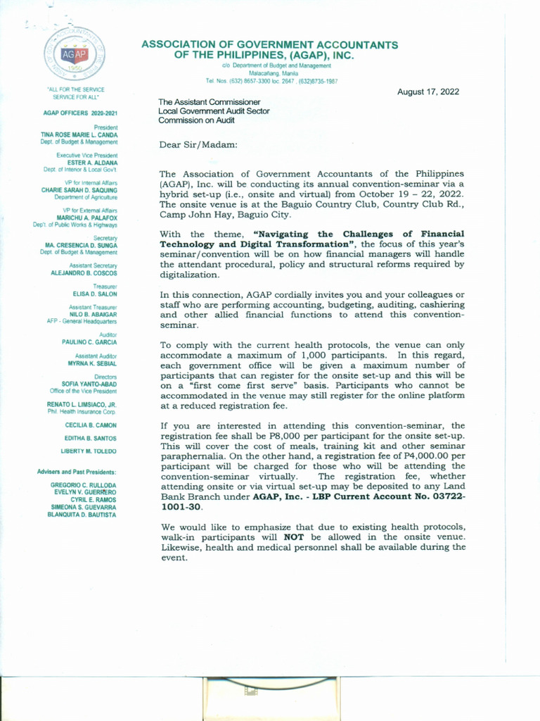 Invitation Letter - AGAP Annual COnvention (Oct. 19-22, 2022) - 1 | PDF