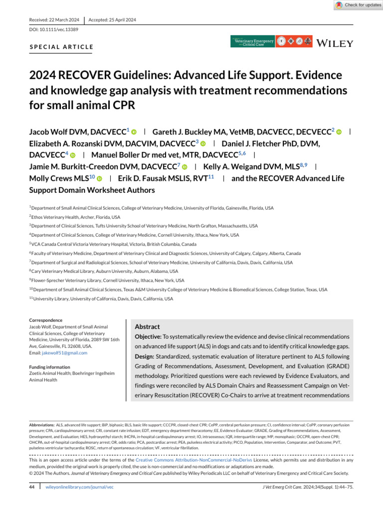J Vet Emergen Crit Care - 2024 - Wolf - 2024 RECOVER Guidelines ...