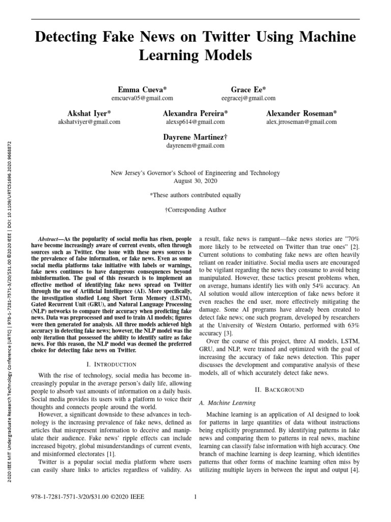 Detecting Fake News On Twitter Using Machine Learning Models | PDF