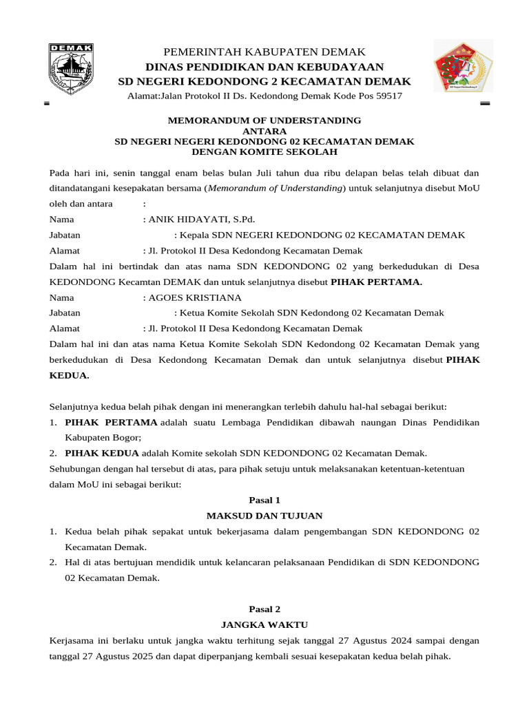 MOU Sekolah Dengan Komite | PDF