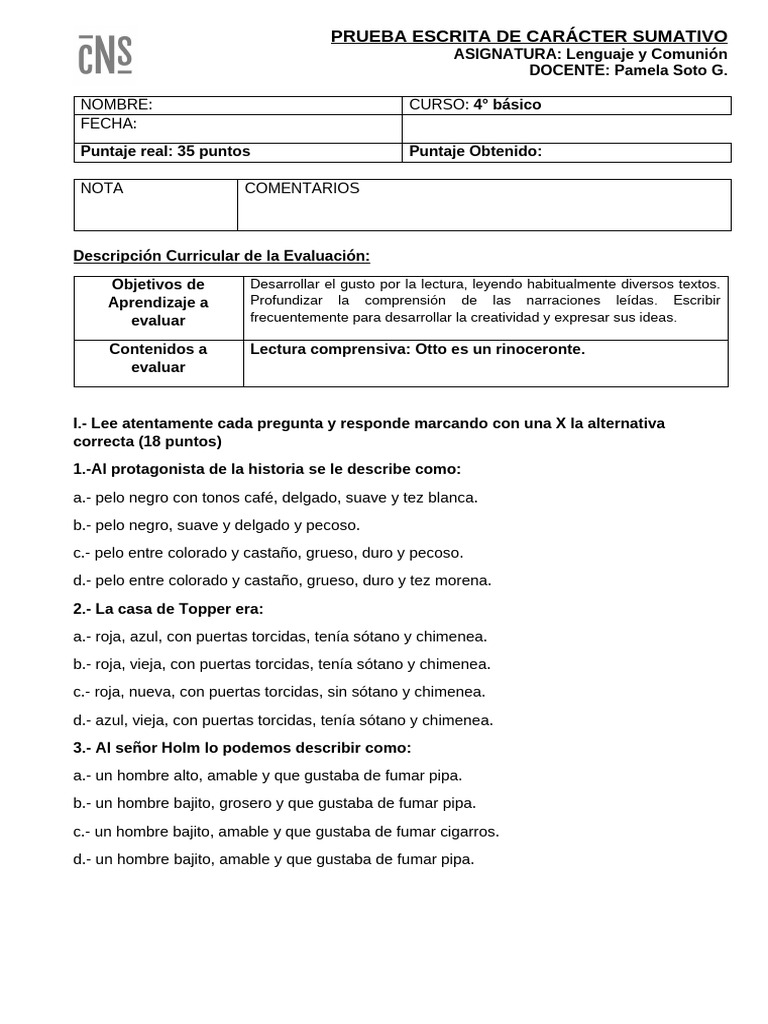 Prueba Otto Es Un Rinocernte (Para Imprimir) | PDF