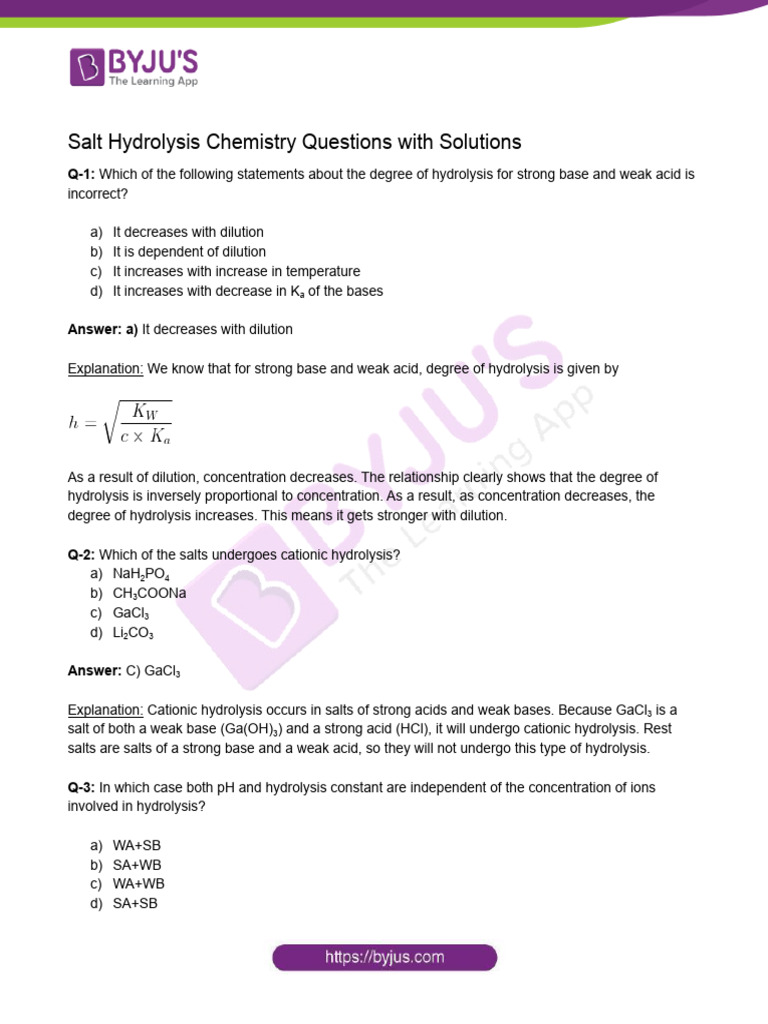Salt Hydrolysis Chemistry Questions With Solutions | PDF | Acid | Salt ...
