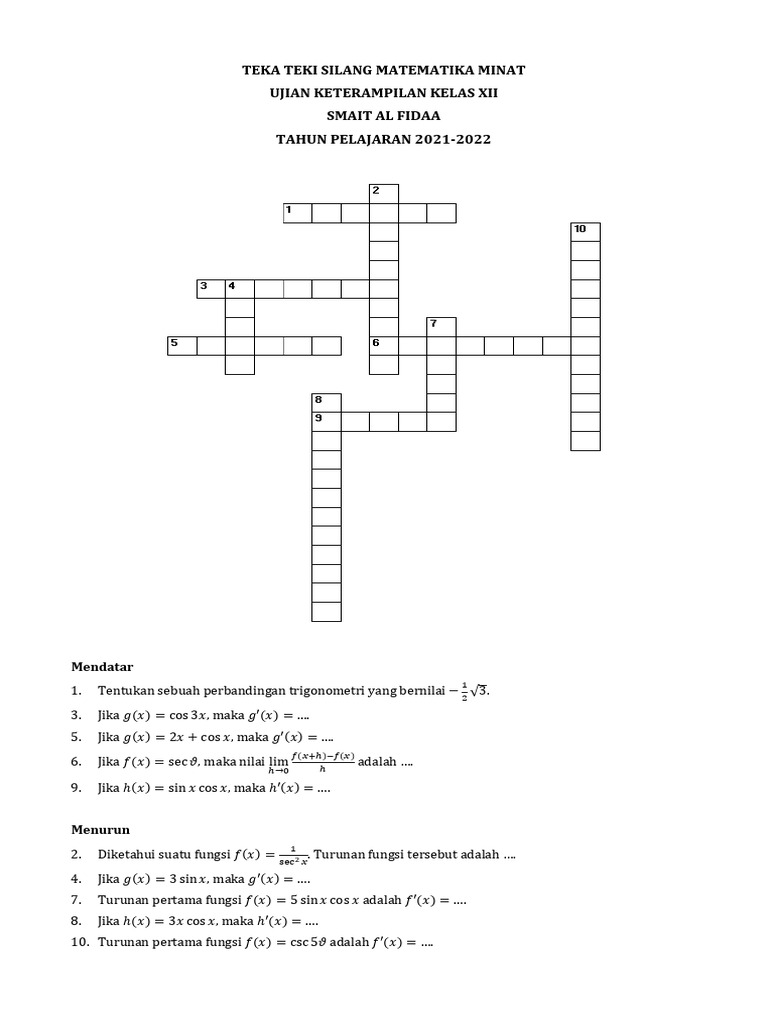 Teka Teki Silang Matematika Minat | PDF