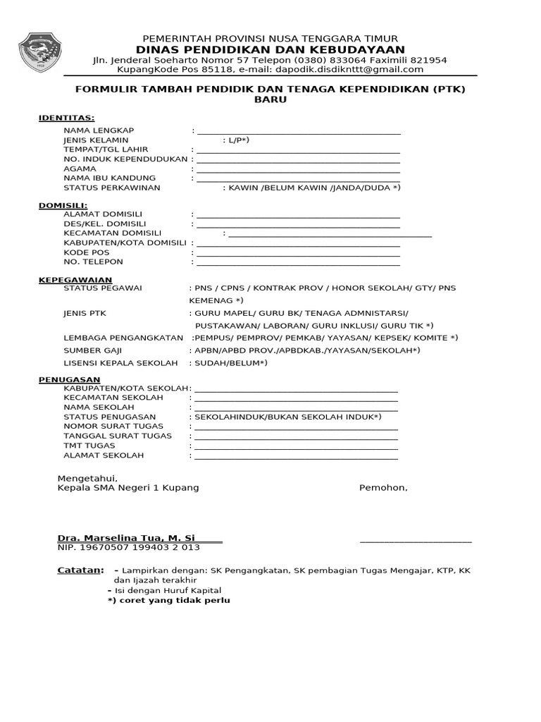 Formulir Pengisian Data PTK Baru 2024 | PDF