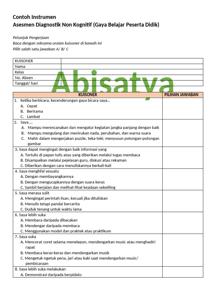Contoh Instrumen Diagnostik Non Kognitif | PDF