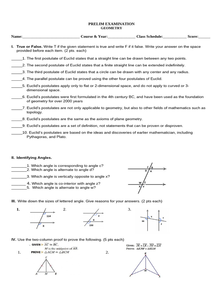 Geometry Exam: Euclid's Postulates | PDF