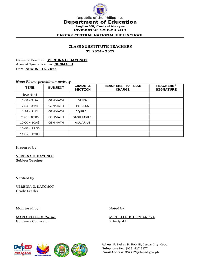 Actual Form For Leave Substitute | PDF
