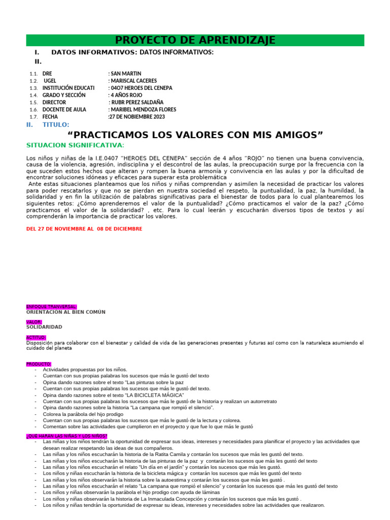 Proyecto Practicamos Los Valores Con Mis Amigos" | PDF