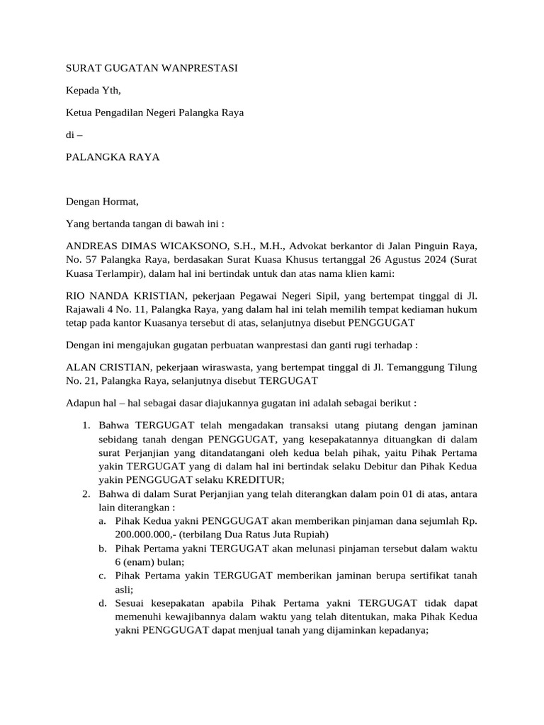 Surat Gugatan Wanprestasi | PDF