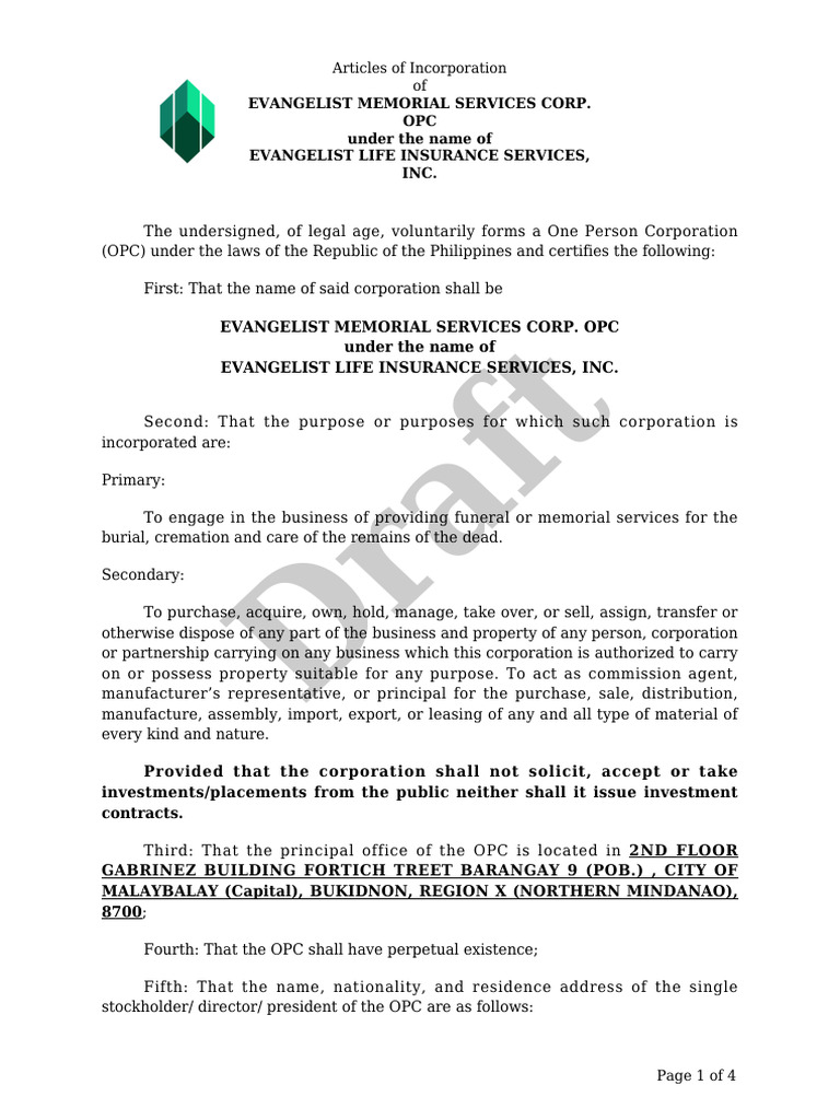 Articles of Incorporation-OPC | PDF
