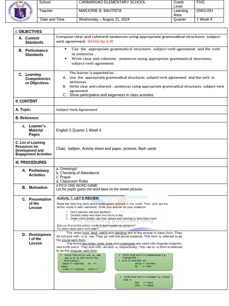 DLP English Grade 5 Q1 W4 D3 | PDF