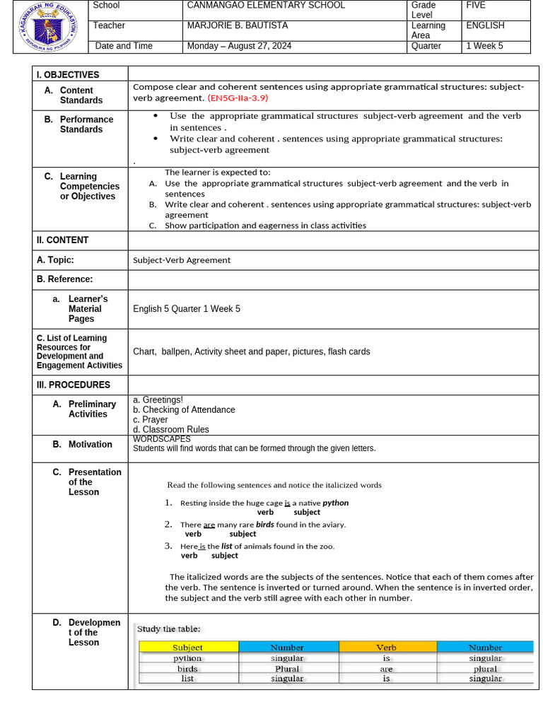 DLP English Grade 5 Q1 W5 D1 | PDF DLP English Grade 5 Q1 W5 D1 | PDF