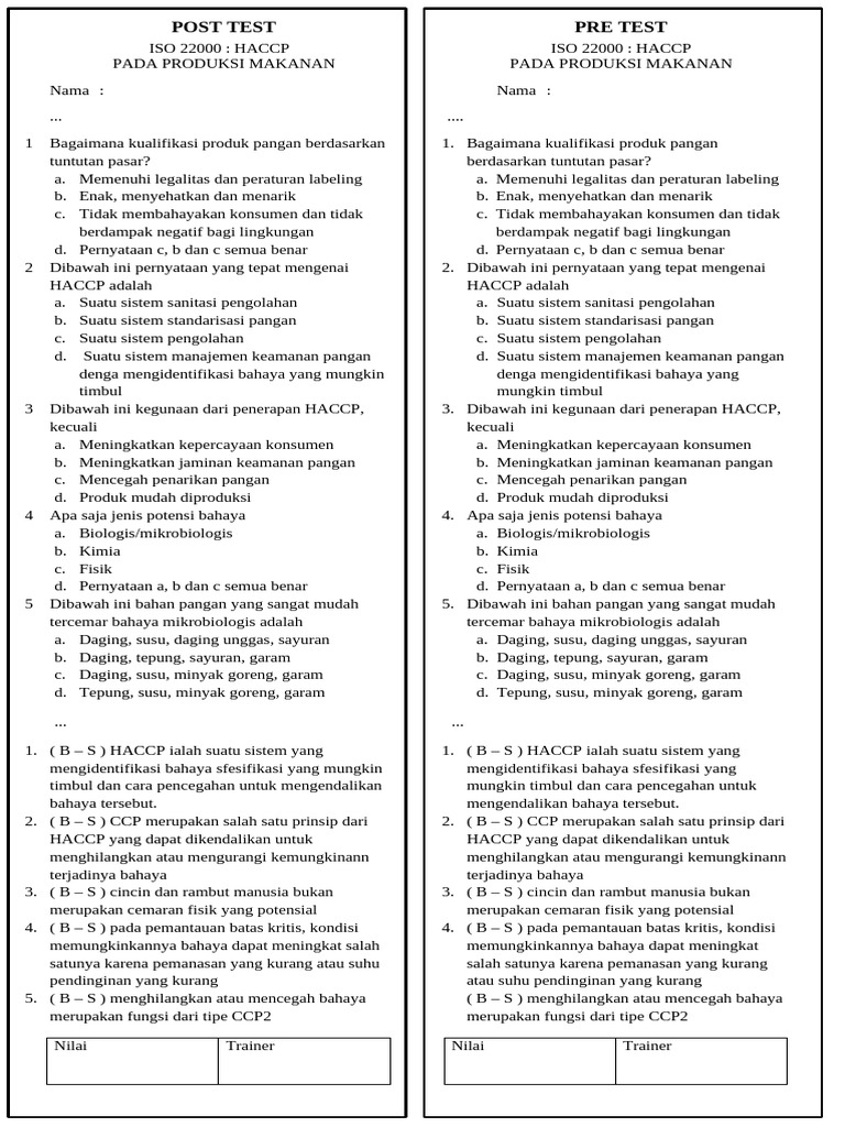 Soal Test Training HACCP | PDF