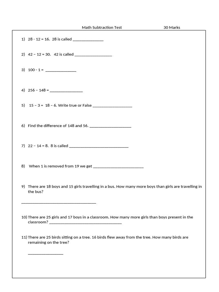 Subtraction Test | PDF