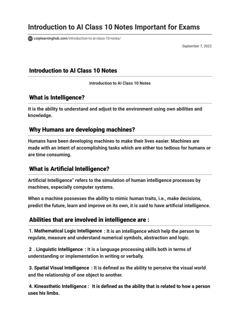 Introduction To AI Class 10 Notes Important For Exams | PDF