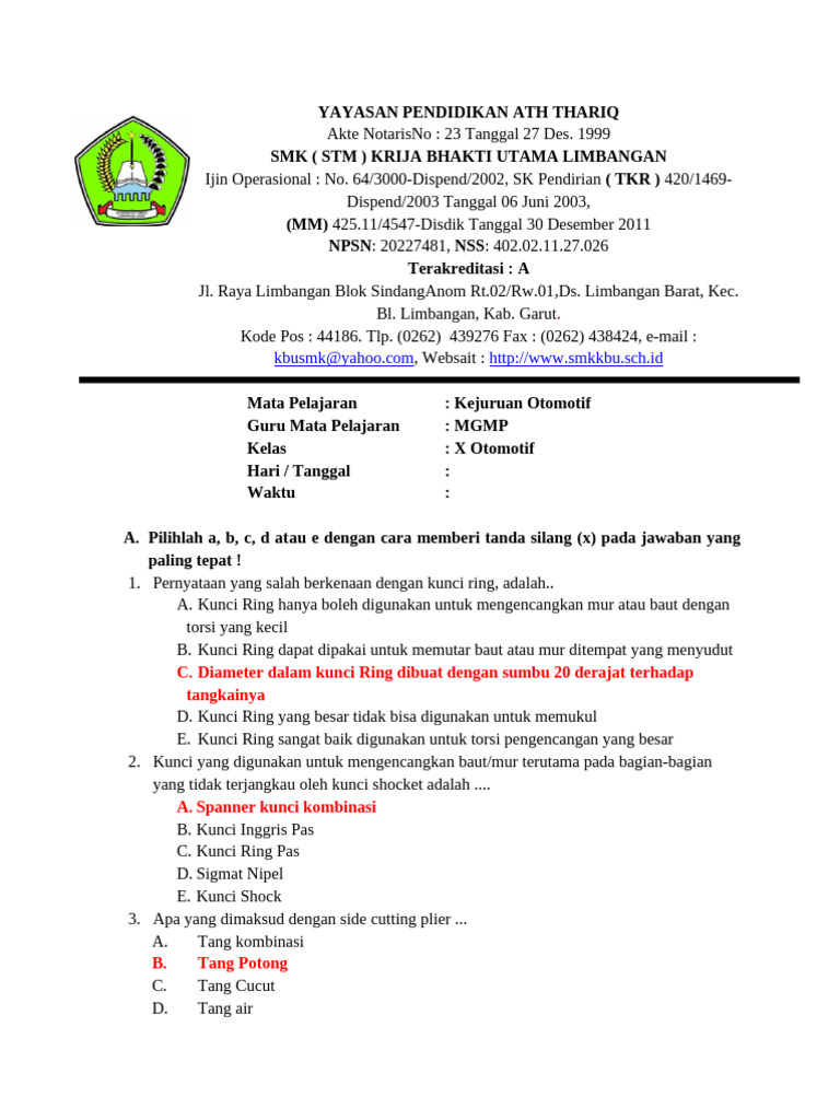 Soal Kejuruan Pdto Kelas X | PDF