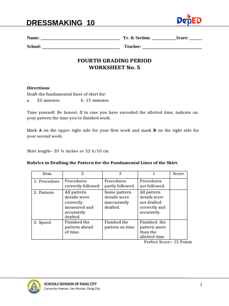 Tle Dressmaking 10 q1 Dw5 | PDF