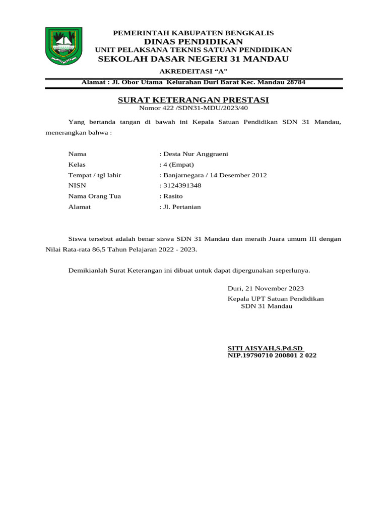 SUrat Keterangan Siswa Prestasi | PDF