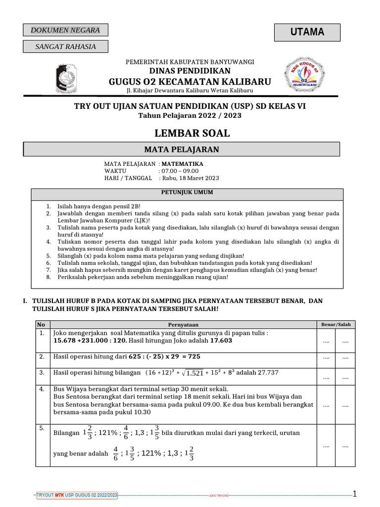 Try Out Matematika 2023 | PDF