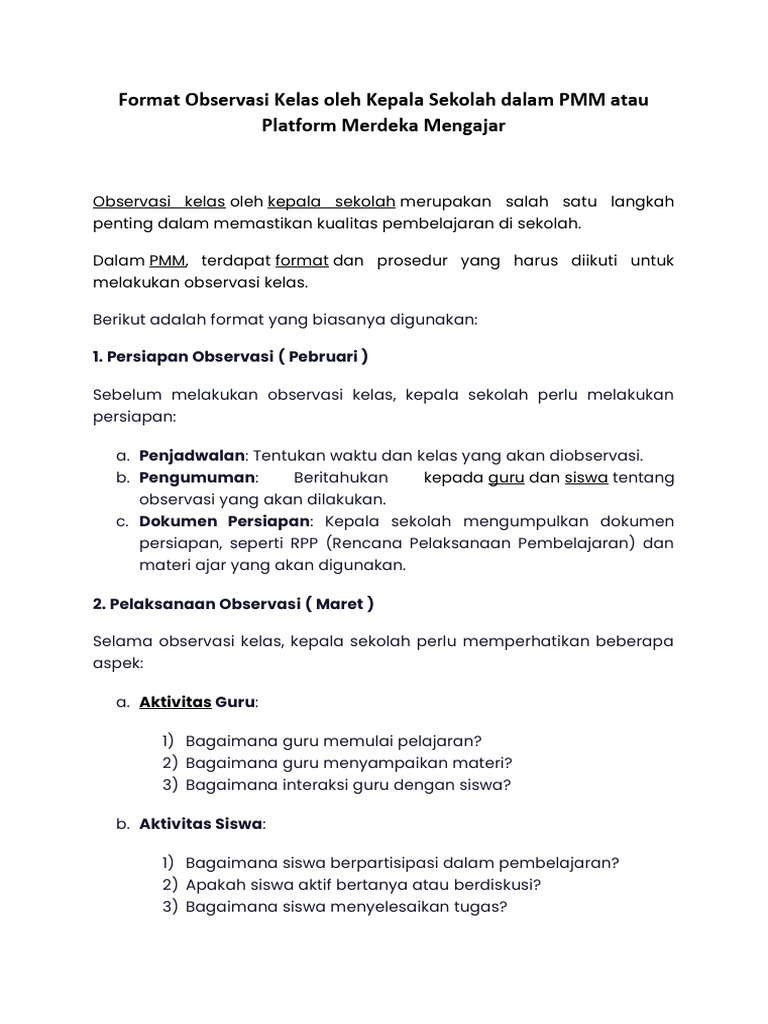 Format Observasi Kelas Oleh Kepala Sekolah Dalam PMM Untuk e Kinerja | PDF