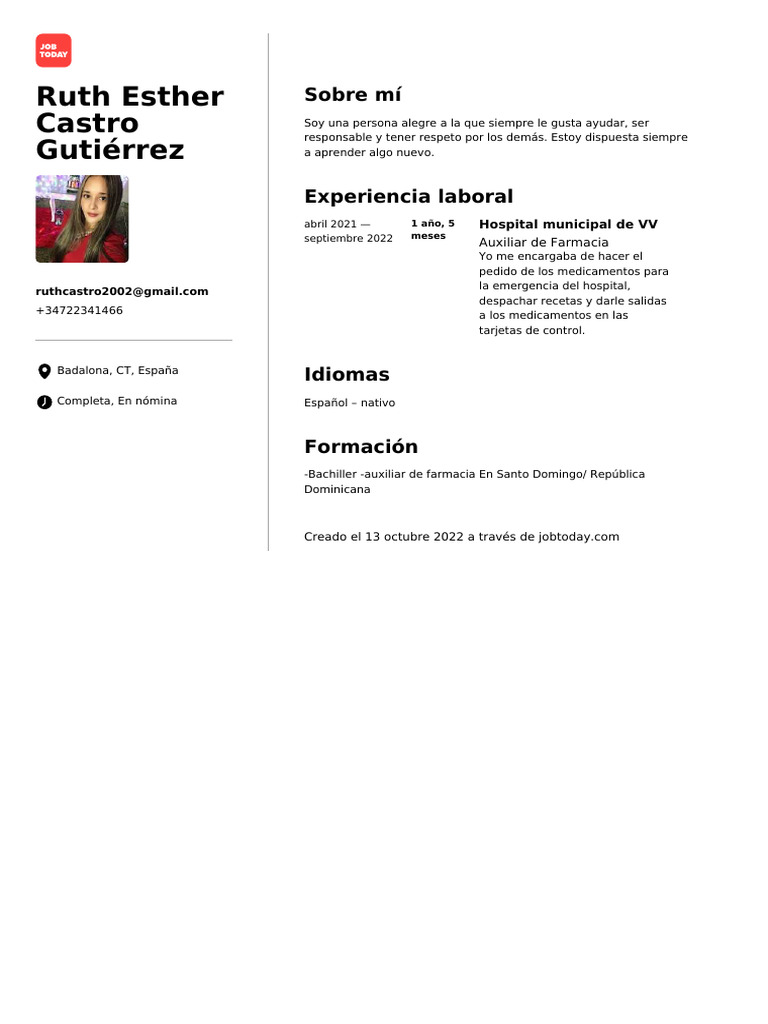 CV JOB TODAY de Ruth Esther Castro Gutiérrez | PDF