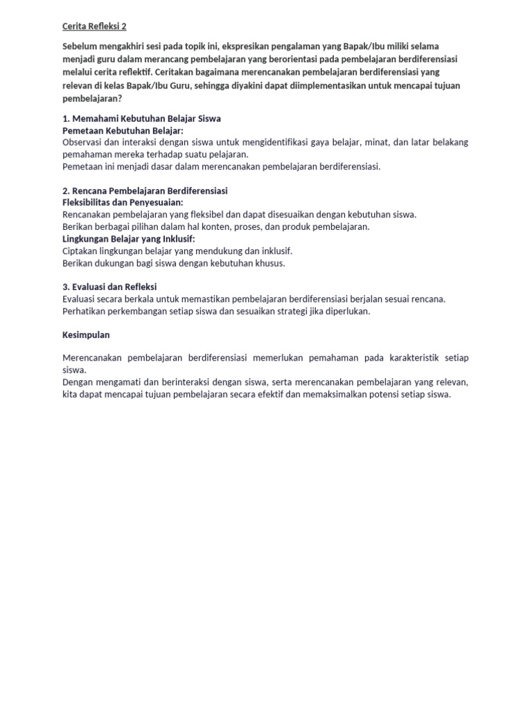 Cerita Refleksi 1 Merancang Pembelajaran Berdiferensiasi | PDF Cerita Refleksi 1 Merancang Pembelajaran Berdiferensiasi | PDF