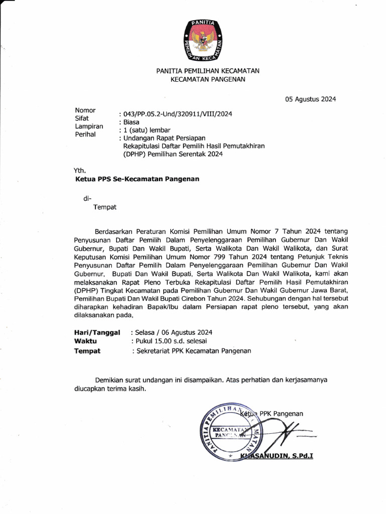 Surat Undangan PPK Rapat Pleno - 20240902 - 0001 | PDF