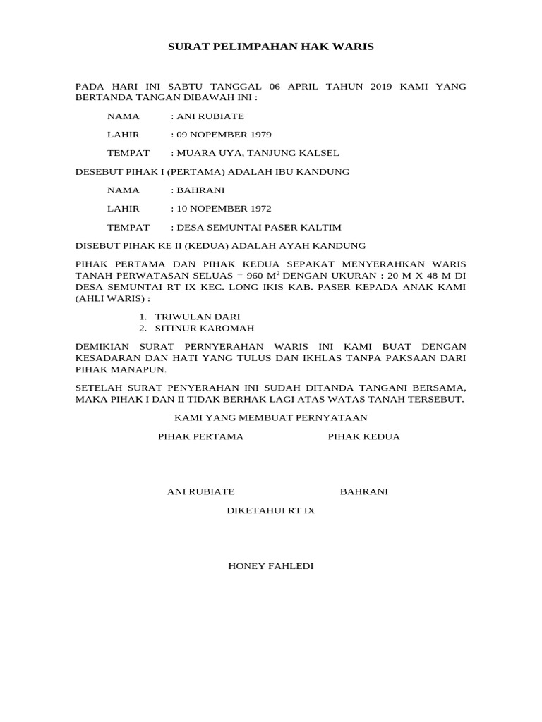 Surat Pelimpahan Hak Waris | PDF